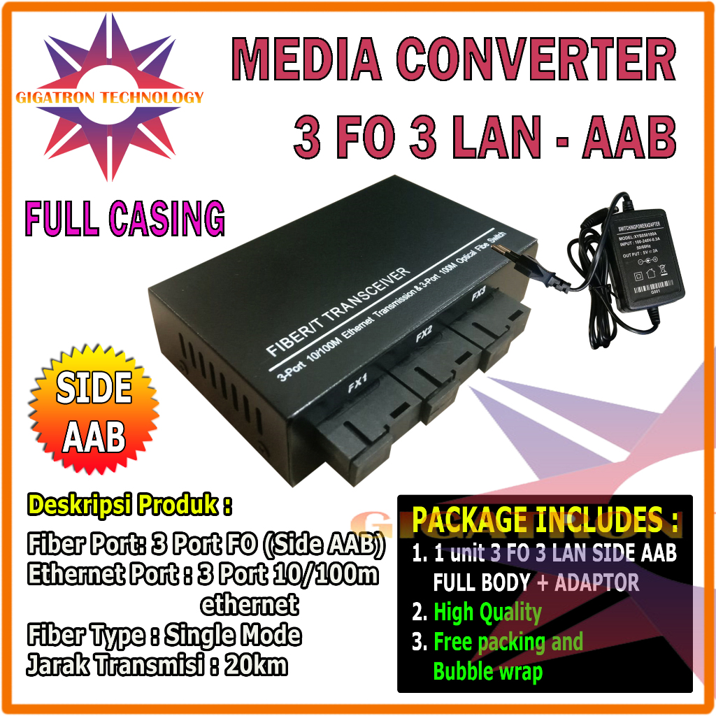 Jual Media Converter Fiber Optic 3 Port FO 2 Port LAN 10/100 Full Body / Switch Fiber Optik 3 FO ...