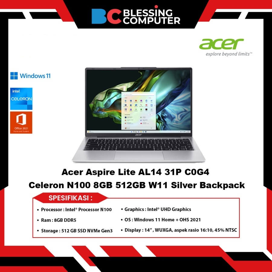 Jual Acer Aspire Lite AL14 31P C0G4 Celeron N100 8GB 512GB W11 Silver ...