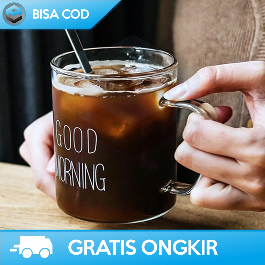 Jual GELAS MUG KACA AESTHETIC DESAIN GOOD MORNING ONE TWO CUPS 400 ML ...