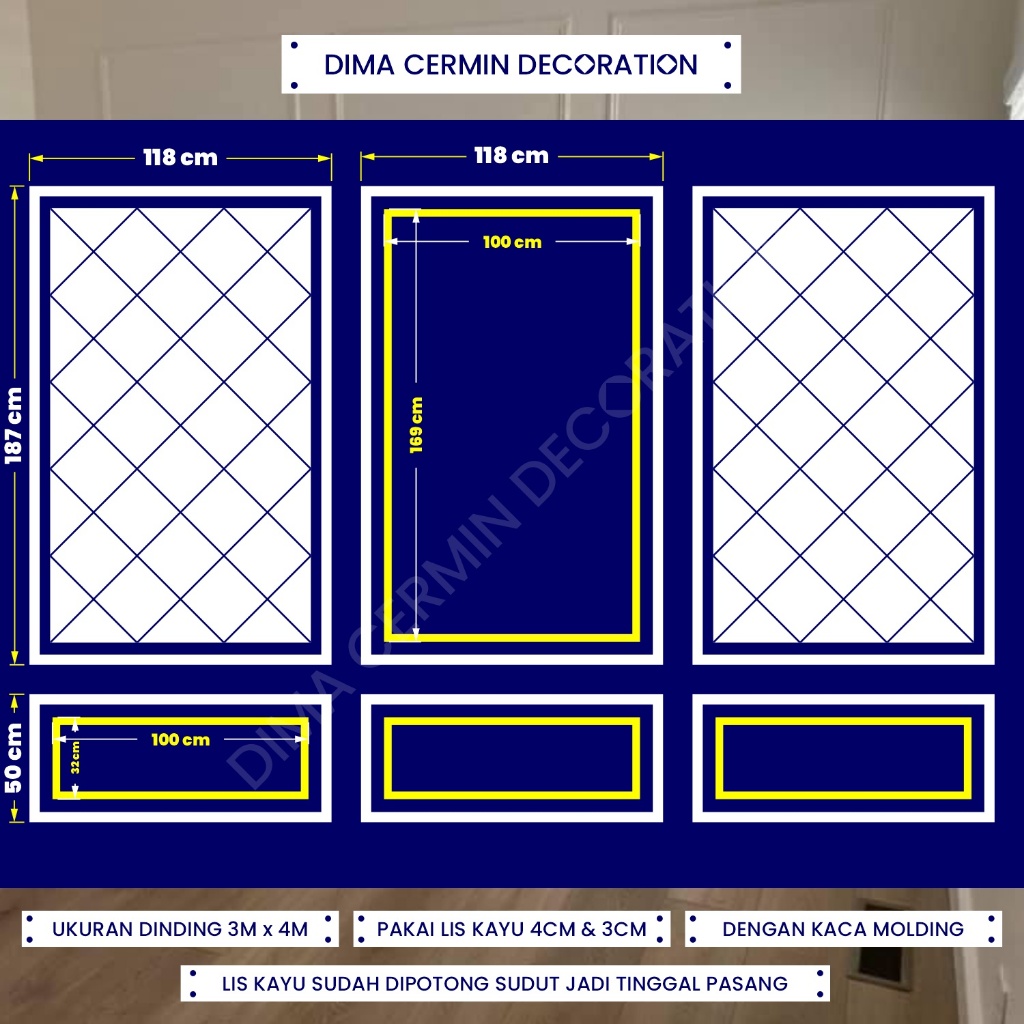 Jual Paket Wall Molding Lis Kayu dengan Kaca Cermin untuk Dinding 3M x ...