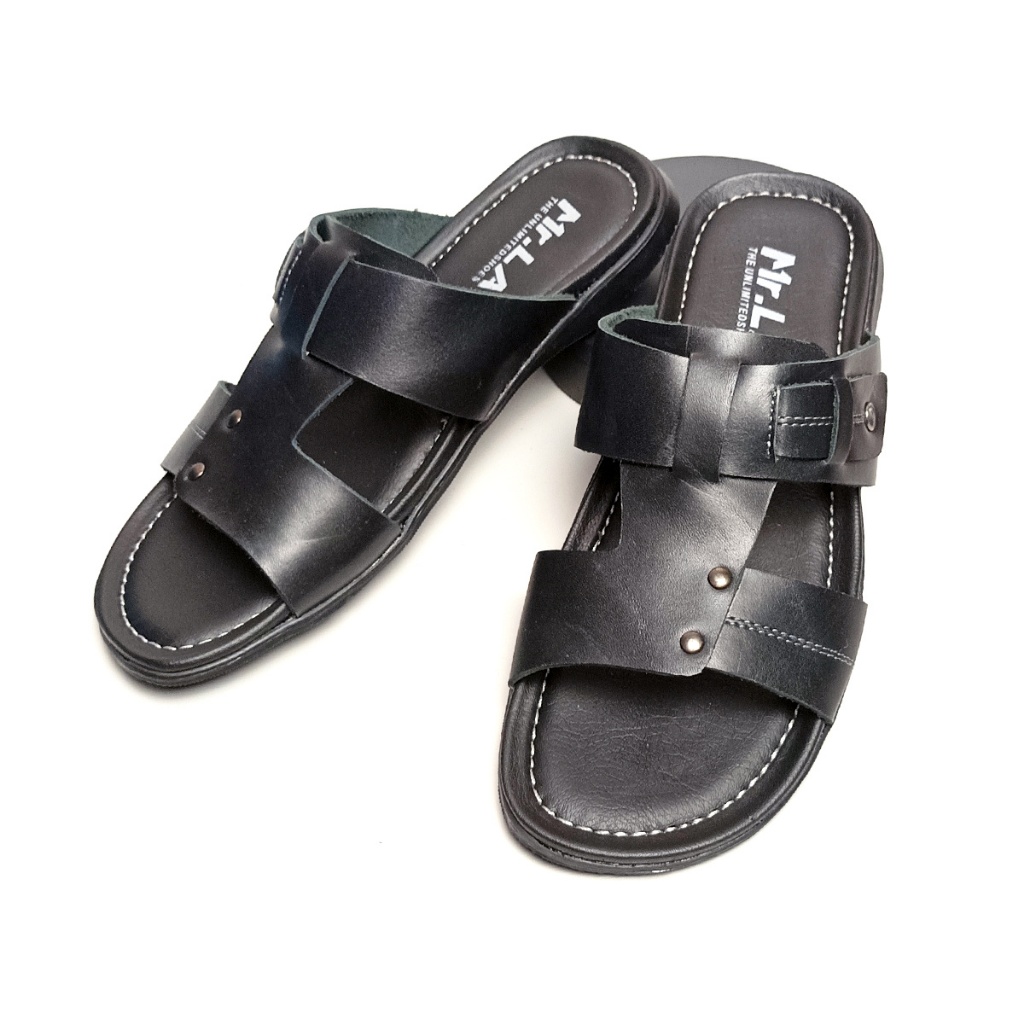 Jual Sandal Kulit Pria Casual Hitam Sendal Cowok Slip On Kulit Asli ...