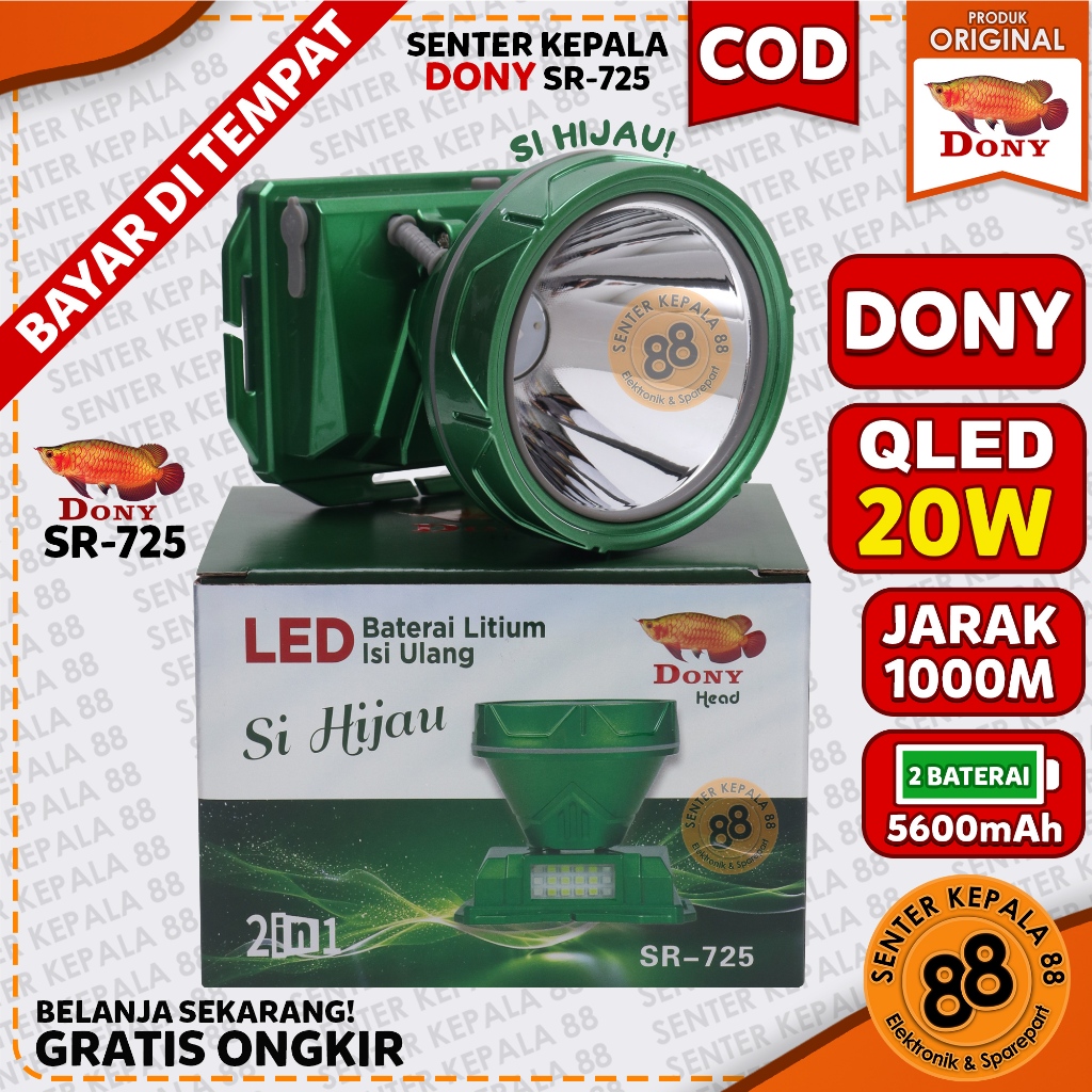 Jual DONY Senter Kepala Dony SR-725 SR 725 Si Hijau 2 in 1 Lampu Emergency 5600mAh | Shopee ...