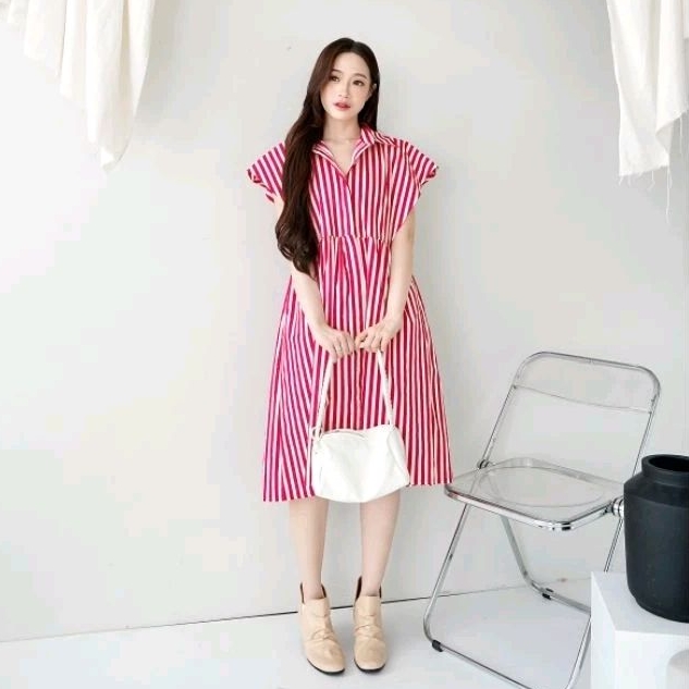 Jual NOELLE STRIPE - MIDI DRESS TERUSAN WANITA KANCING DEPAN MOTIF SALUR GARIS STRIPE KATUN ...