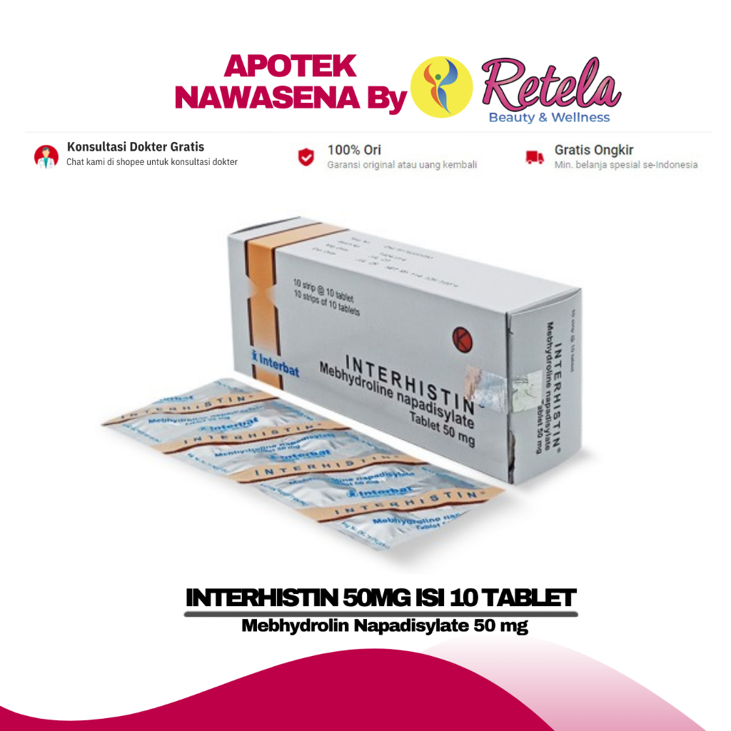 Jual INTERHISTIN 50MG 1 STRIP ISI 10 TABLET ( Mebhydrolin Napadisylate ...