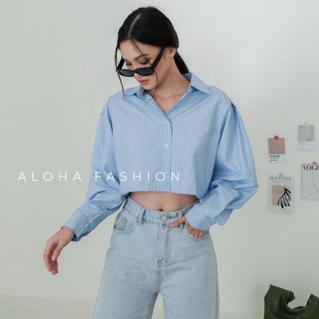 Jual ALOHA Siera Crop Shirt Stripe Kemeja Salur Crop Wanita Black 2104 | Shopee Indonesia