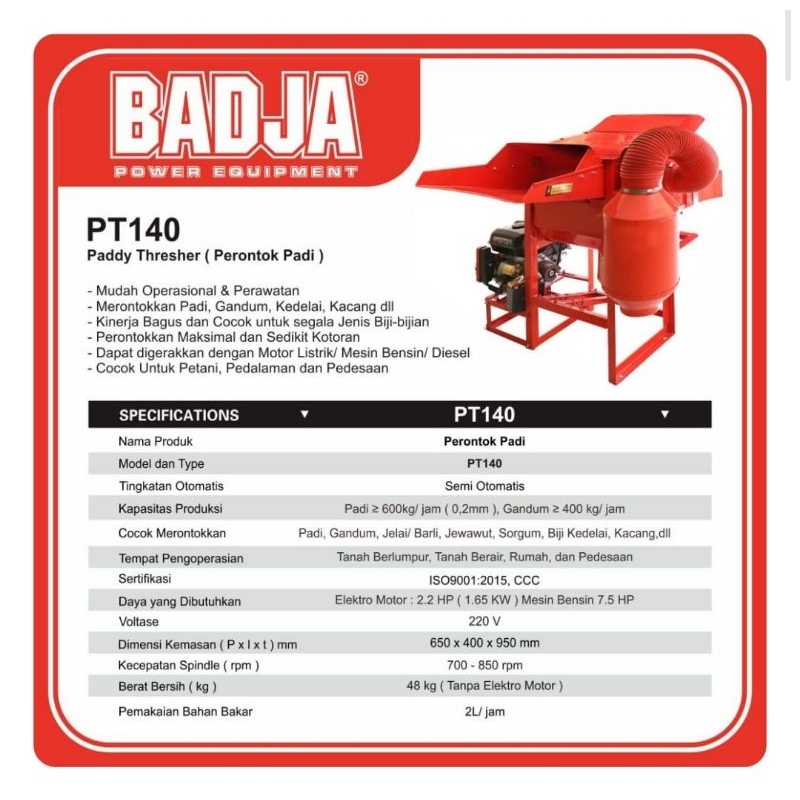 Jual Mesin Perontok Padi Dengan Blower Badja PT140 / Paddy Thresher ...