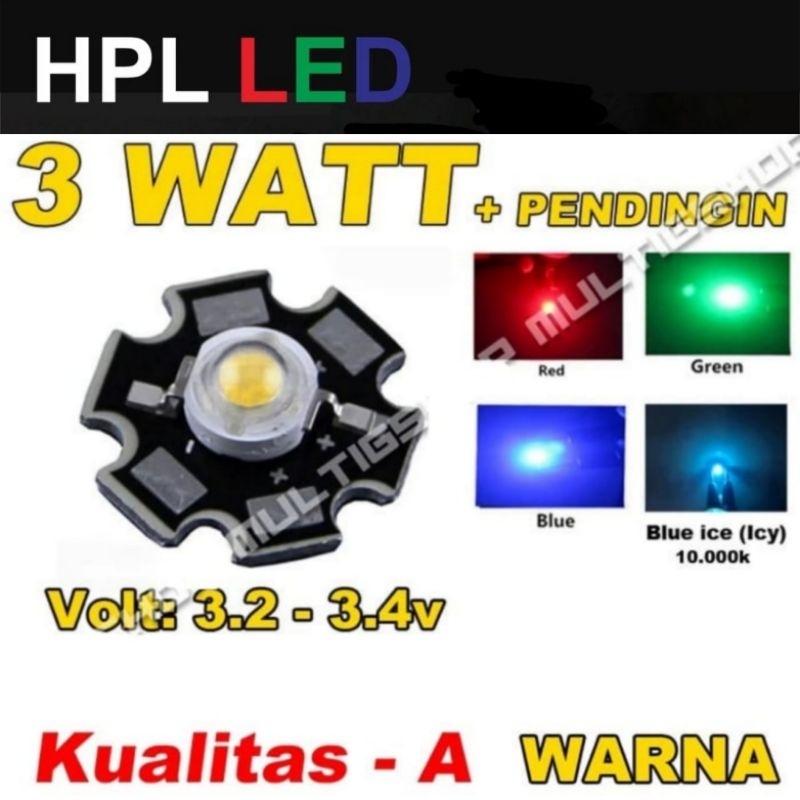 Jual HPL 3W High Power LED 3 Watt Warna dengan PCB Heatsink | Shopee ...