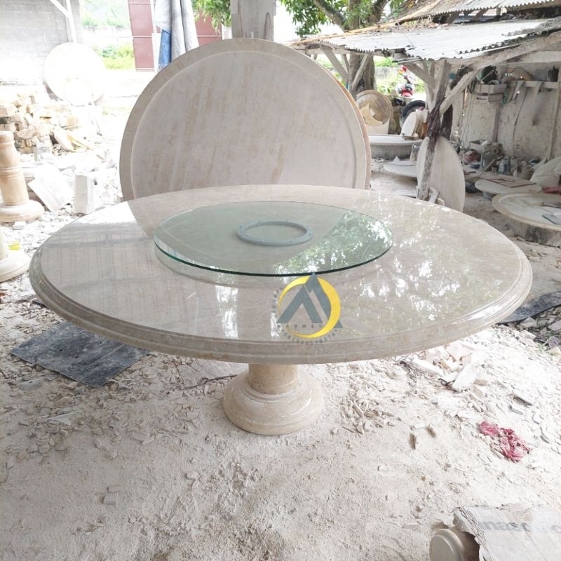 Jual meja makan bulat besar dan putar kaca bening batu marmer putih ...