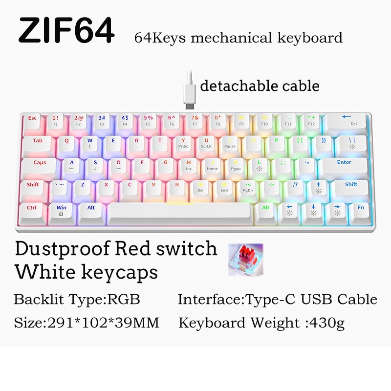 Jual ZIFRIEND T62 Mechanical Keyboard 63Keys 60% Layout Blue Red Switch RGB Backlit Hotswap ...