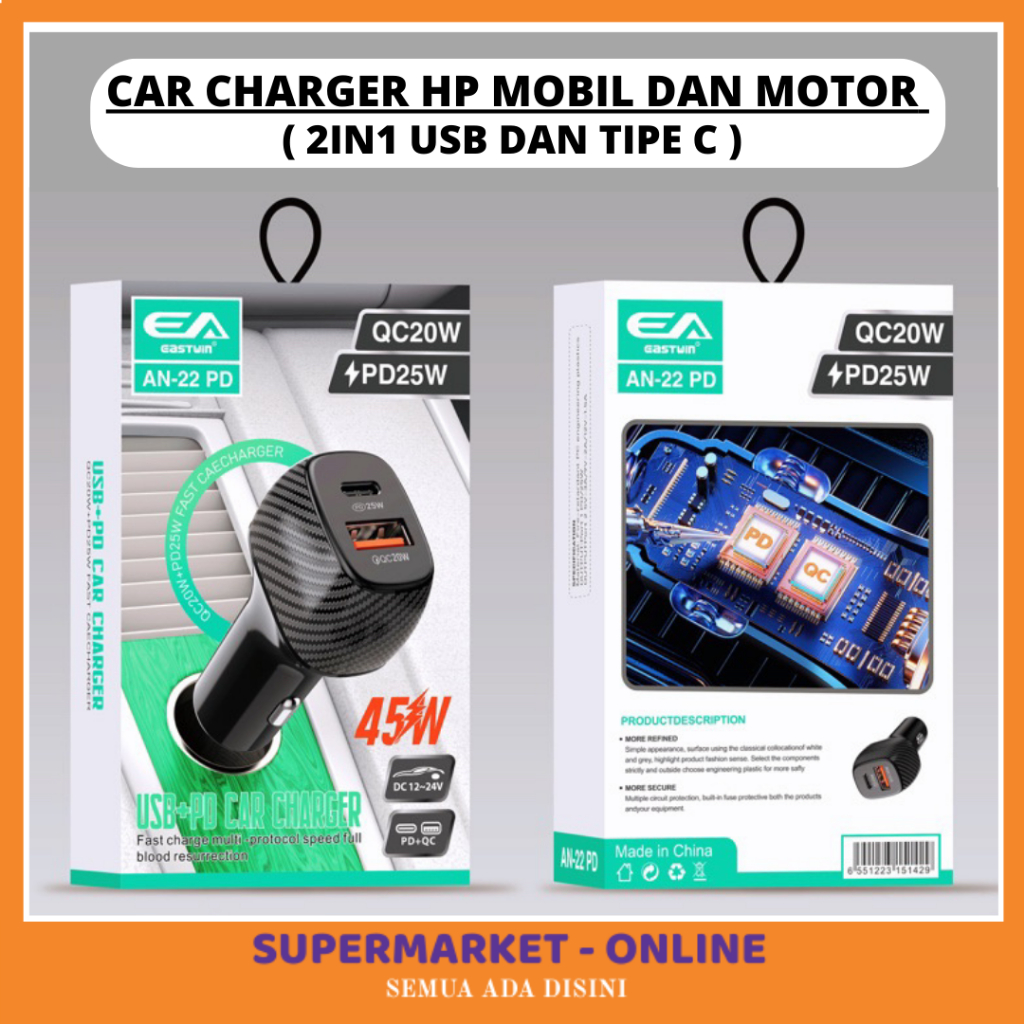 Jual CAR CHARGER HANDPHONE HP 2IN1 BUAT MOTOR DAN MOBIL COLOKAN USB DAN ...