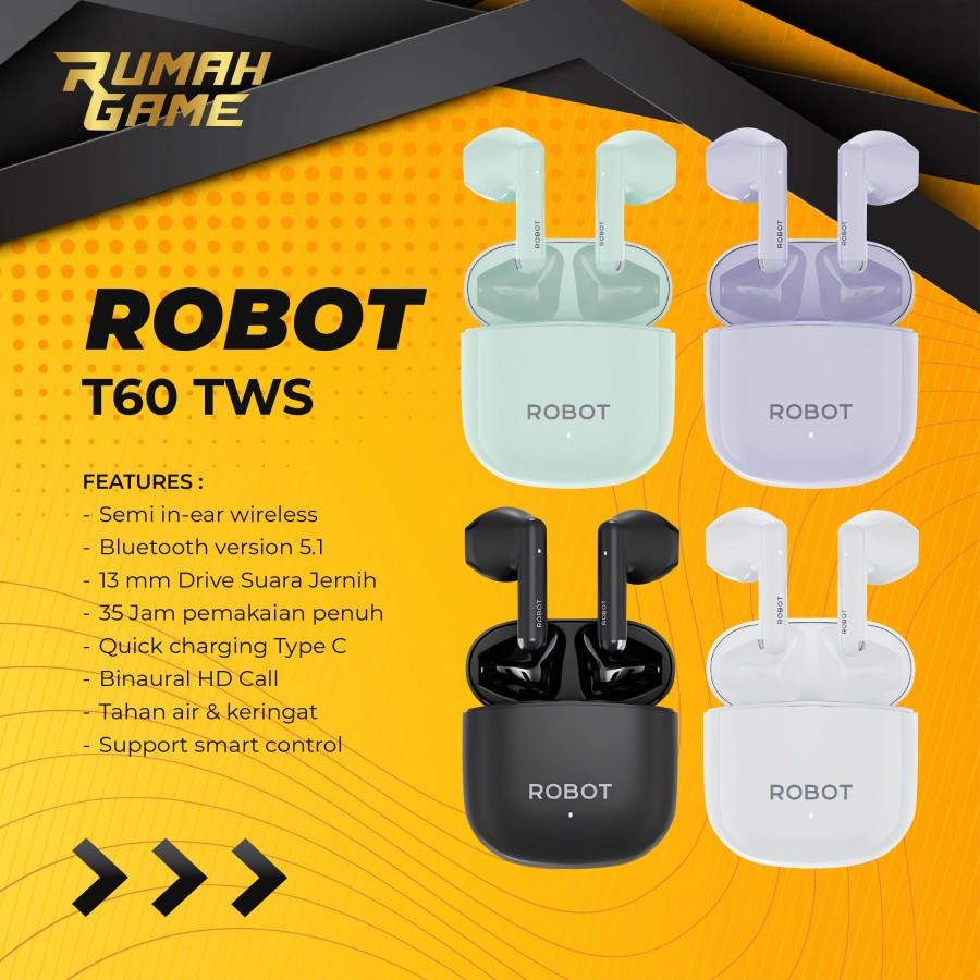 Jual Robot Airbuds T60 Headset TWS Bluetooth Handsfree BT Earbuds ...