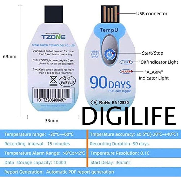 Jual TempU 90 Days Temperature Data Logger Tzone Recorder Wireless Sensor Suhu PC Loger Storage ...