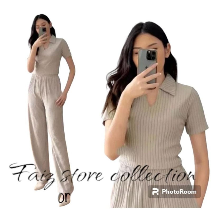 Jual oneset knit polo celana panjang set rib knit premium setelan knit ...