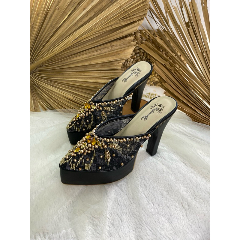 Jual Sepatu heels Wedding Cantik Alena Hitam Payet Gold 12cm | Shopee ...