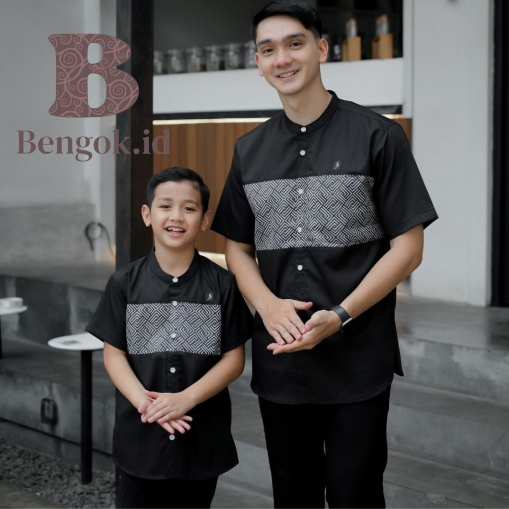 Jual Baju Koko lengan pendek Couple motif kombinasi batik warna hitam ...