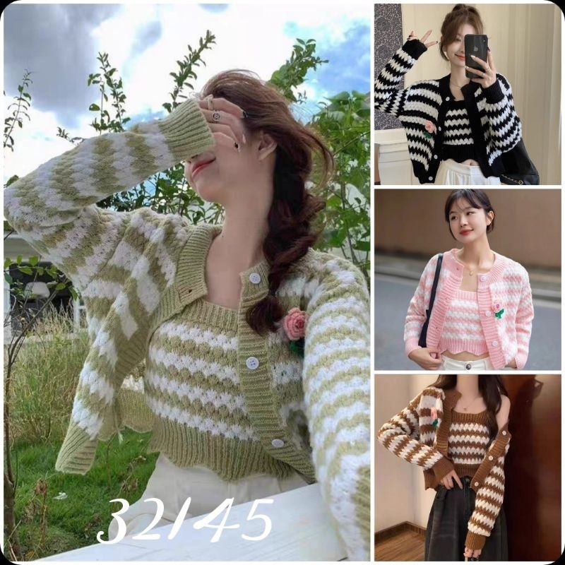 Jual Cardigan Rajut Knit Bkk 2in1 2302 Bkk Lurik Bangkok | Shopee Indonesia