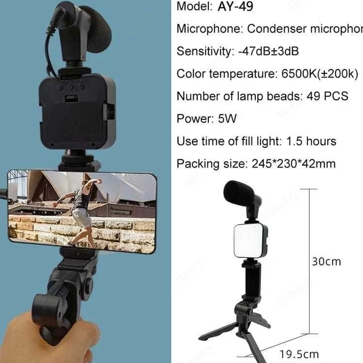 Jual Vlogging KIT Paket Vlog 5in1 AY49 LED Tripod Holder Microphone Remote | Shopee Indonesia
