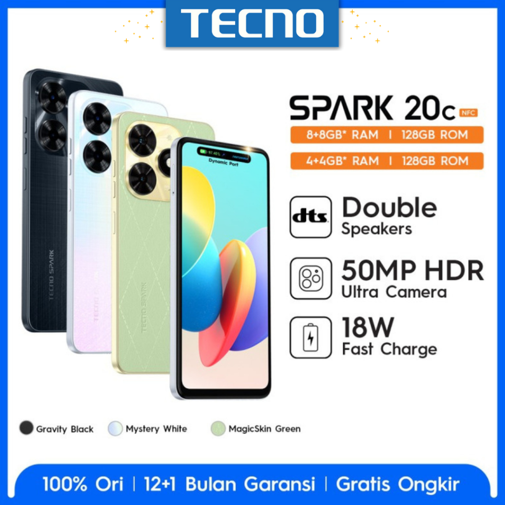 Jual Tecno Spark 20C NFC 4/128 GB, 8/128 GB Stereo Dual Speaker Layar HD+ 90Hz Camera 50MP Fast ...