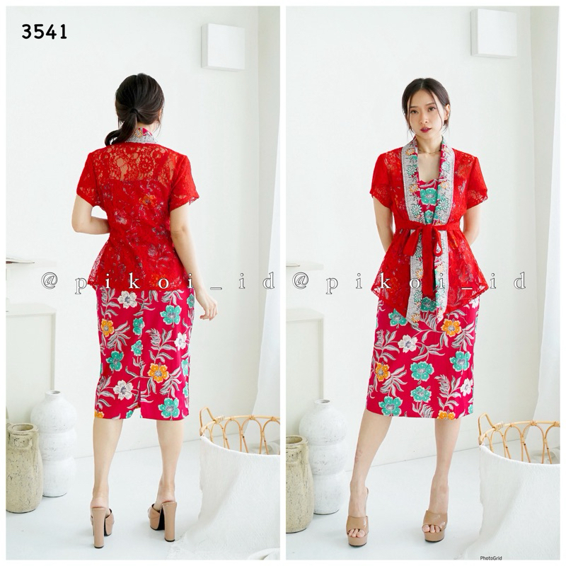 Jual Dress cheongsam merah CNY terbaru / Midi dress lace batik brukat ikat shoulder pad qipao ...