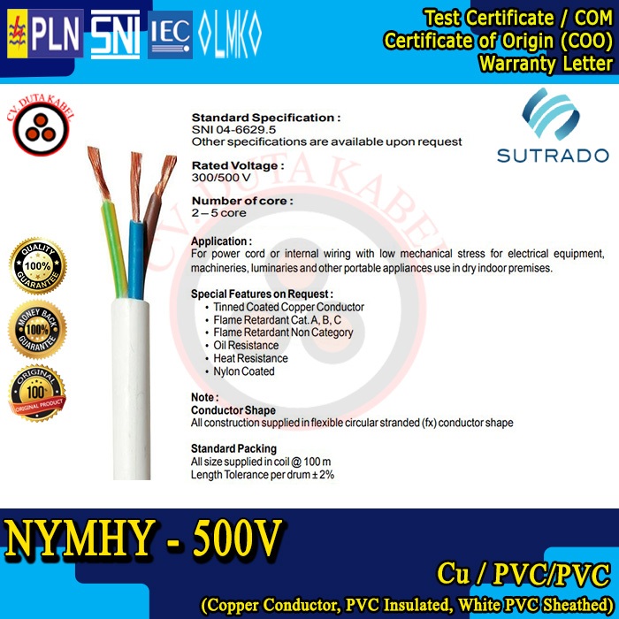 Jual Kabel NYMHY 3x1,5 mm2 SUTRADO (100 m) /3x1,5mm2/3 x 1,5 mm2/3x1.5 ...