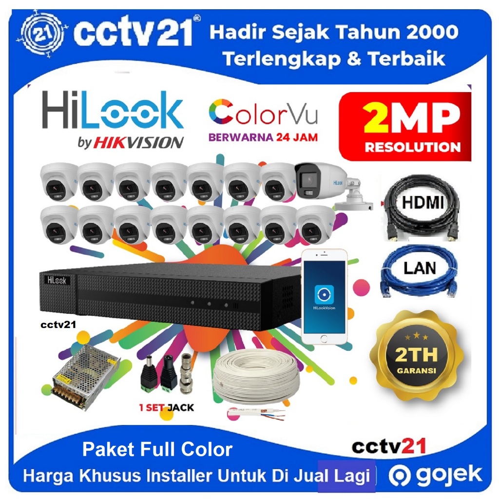 Jual Paket cctv 16 Camera Colorvu HILOOK 2MP by Hikvision Full Color 24Jam +Kabel 100M Promo ...