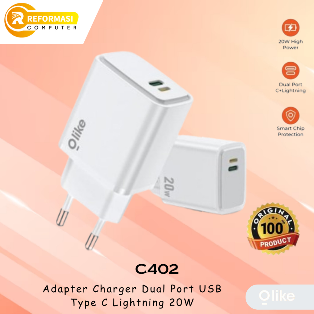 Jual Olike C402 Adapter Charger Dual Port USB Type C Lightning 20W ...