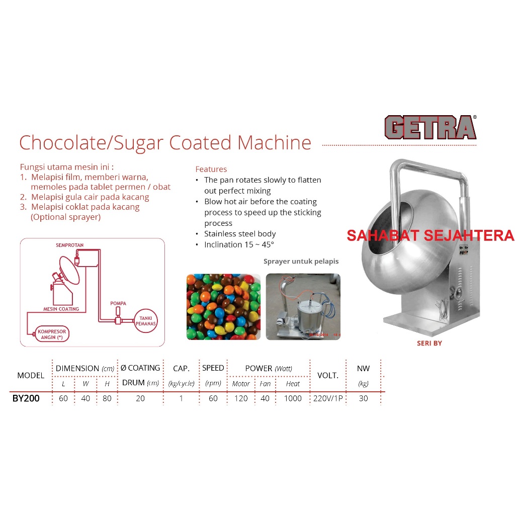 Jual GETRA Chocolate Sugar Coated Machine BY-200 Mesin Pelapis Film ...