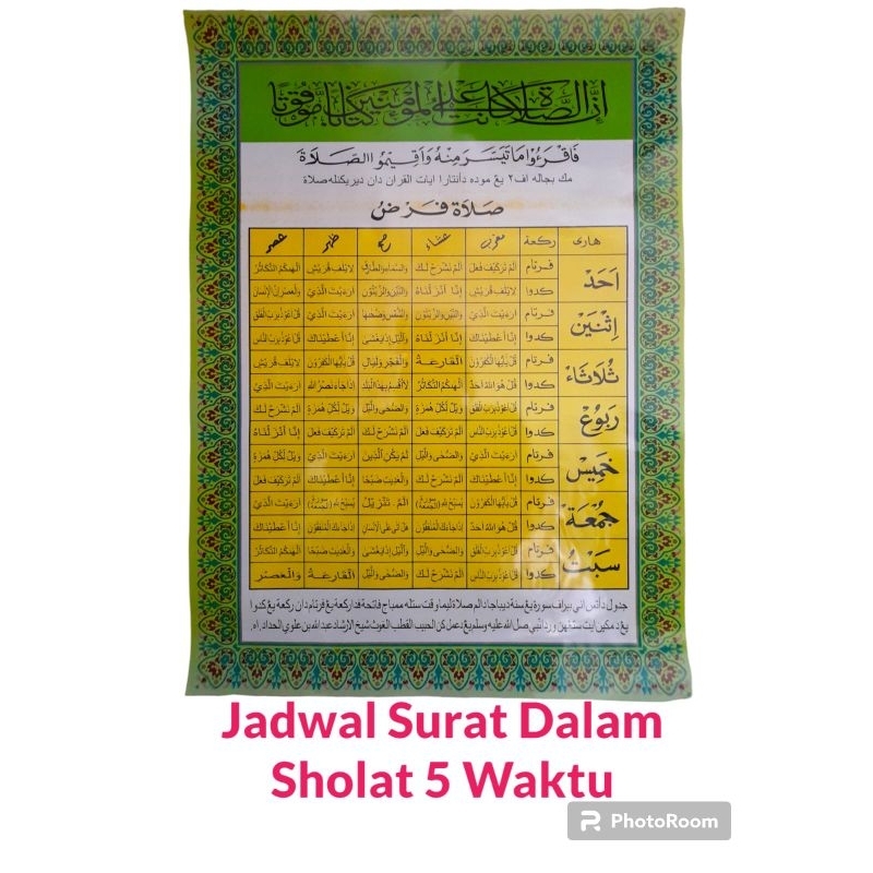 Jual JADWAL BACAAN SURAT Dalam SHOLAT FARDHU lima waktu/ jadwal surat ...