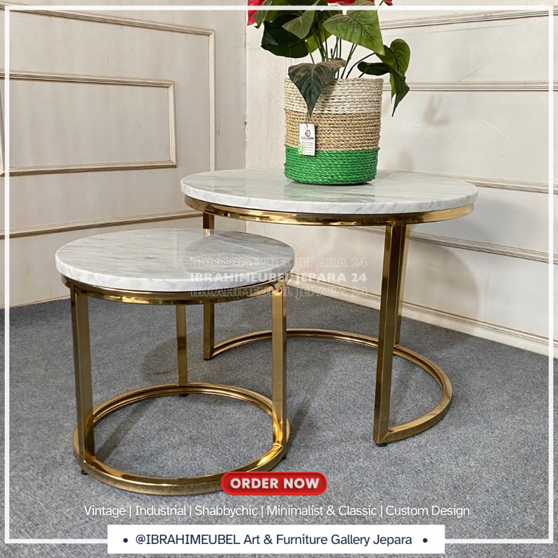 Jual Meja Tamu Susun set of 2 Nesting Stainless gold Top marmer carrara ...