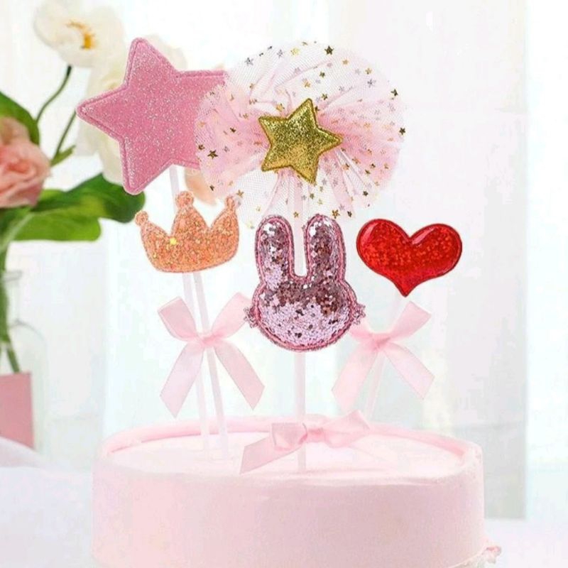 Jual Cake topper kelinci mahkota bintang hati glitter | cake topper isi ...