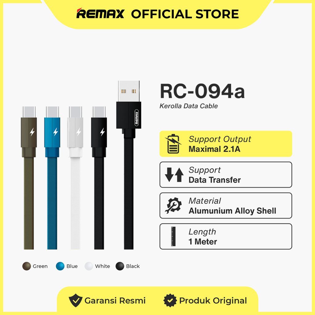 Jual Remax Allumunium Alloy Data Cable USB to Type-C 2,4Ampere 1M RC-094a | Shopee Indonesia