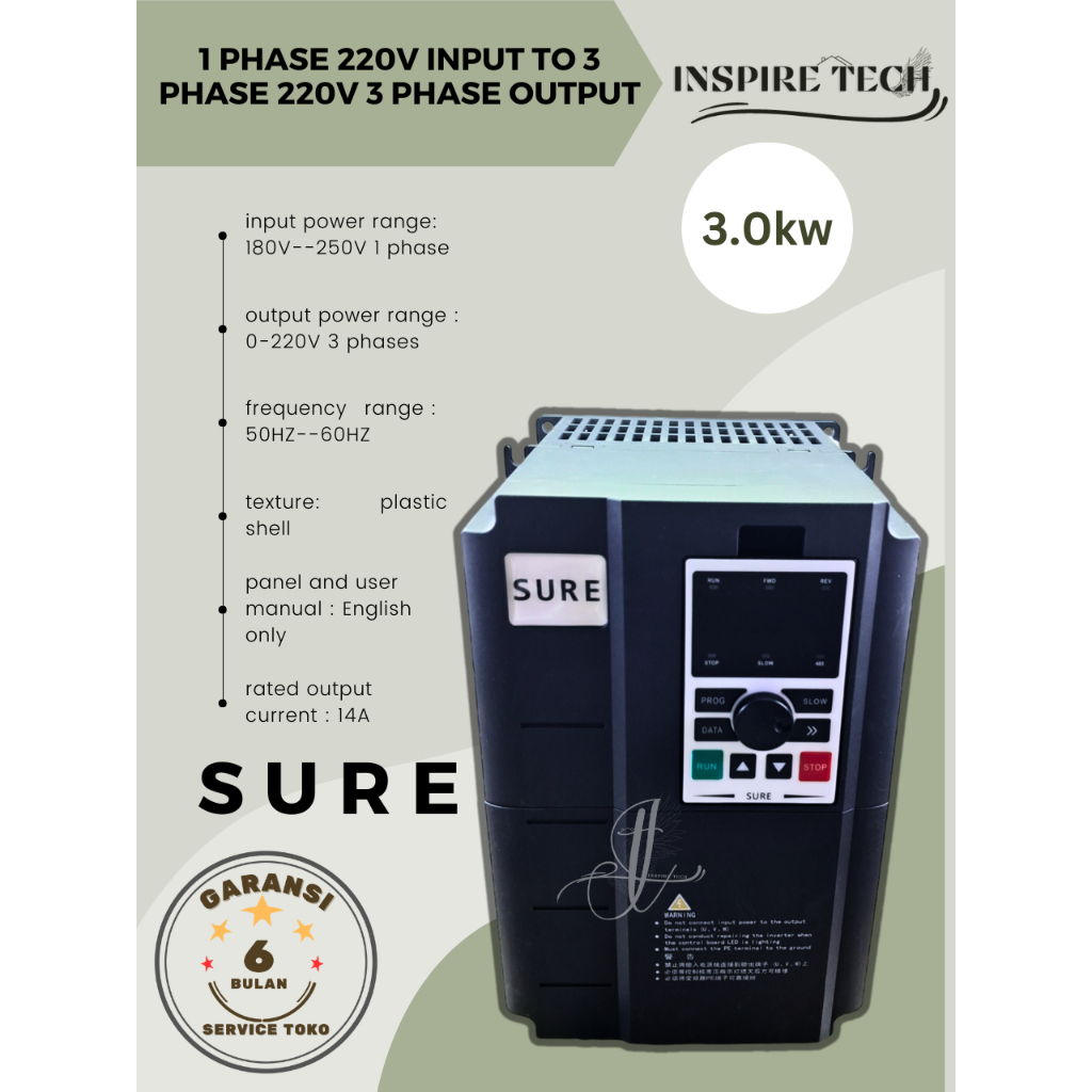 Jual Inverter 3.0KW 220V single past input To 220v 3phase output Speed Controller Variabel SURE ...
