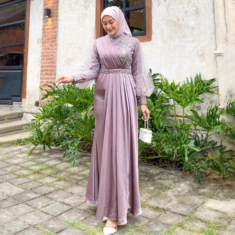 Jual Adeva Dress Satin Mix Brokat Mewah Gamis Velvet Mix Tile Baju Kondangan Dress Bridesmaid ...