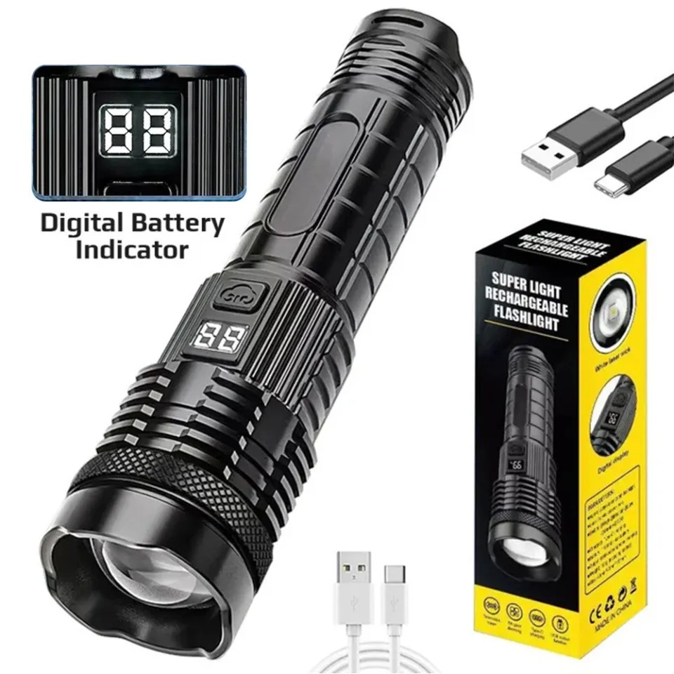 Jual Senter LED Super Terang Jarak Jauh 90000 lumens Zoomable Senter Tahan Lama Anti Air USB C ...
