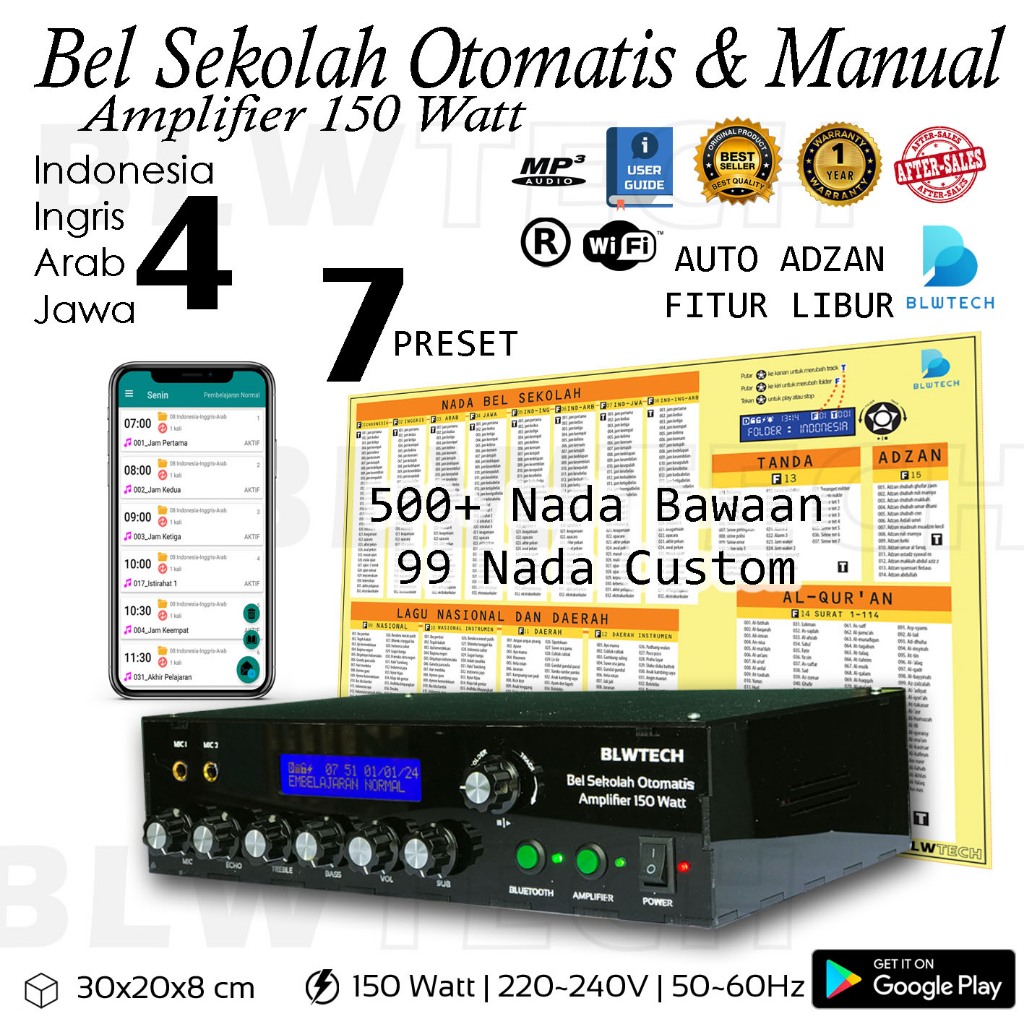 Jual Bel Sekolah Otomatis Manual Pro dengan Ampli 150W Mic Bluetooth setting Aplikasi Android ...