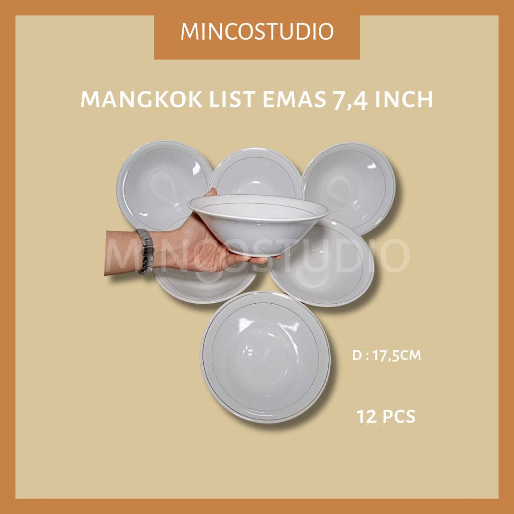 Jual [VIA INSTANT] MANGKOK LIST EMAS 7,4 INCH 12 PCS / MANGKOK PUTIH ...