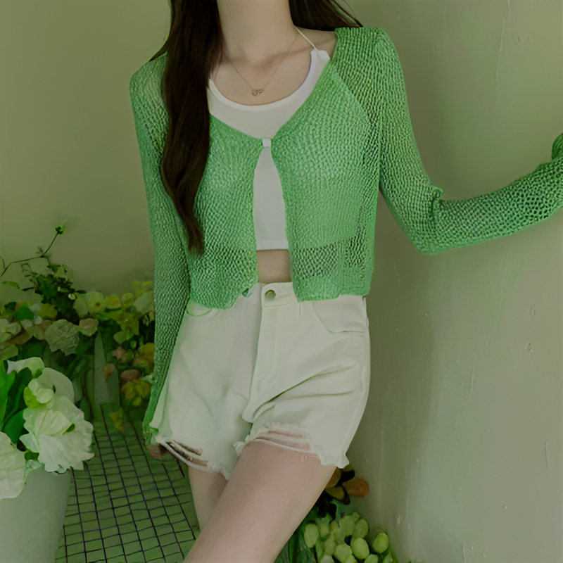 Jual [TTEUDA] Cardigan Wanita Crop Top Jaring Korean Style | Kardigan ...