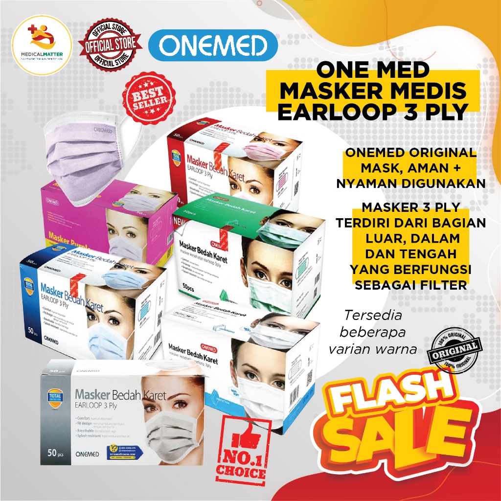 Jual OneMed Masker Medis Bedah Earloop per Box isi 50 pcs Surgical Mask ...