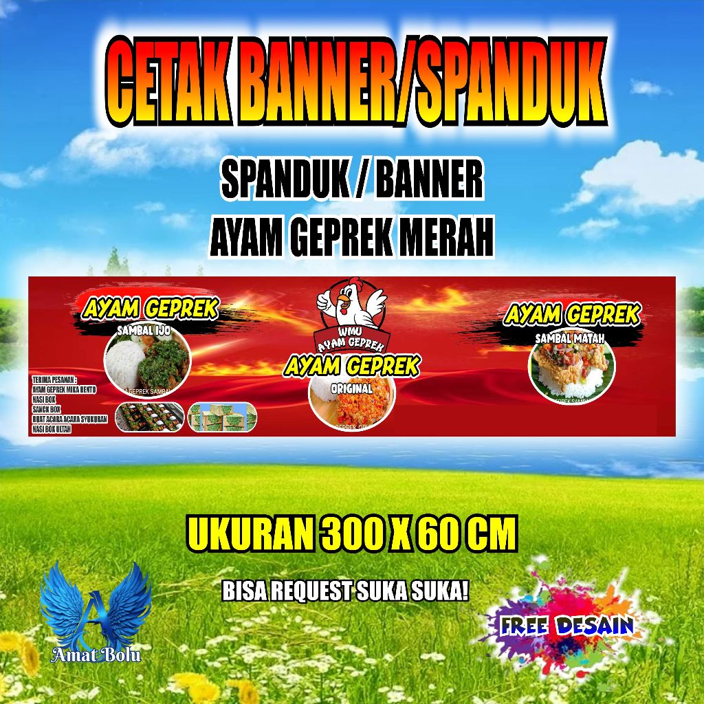 Jual Cetak Banner Cetak Spanduk Ayam Geprek Merah Ukuran 300X60 BISA ...