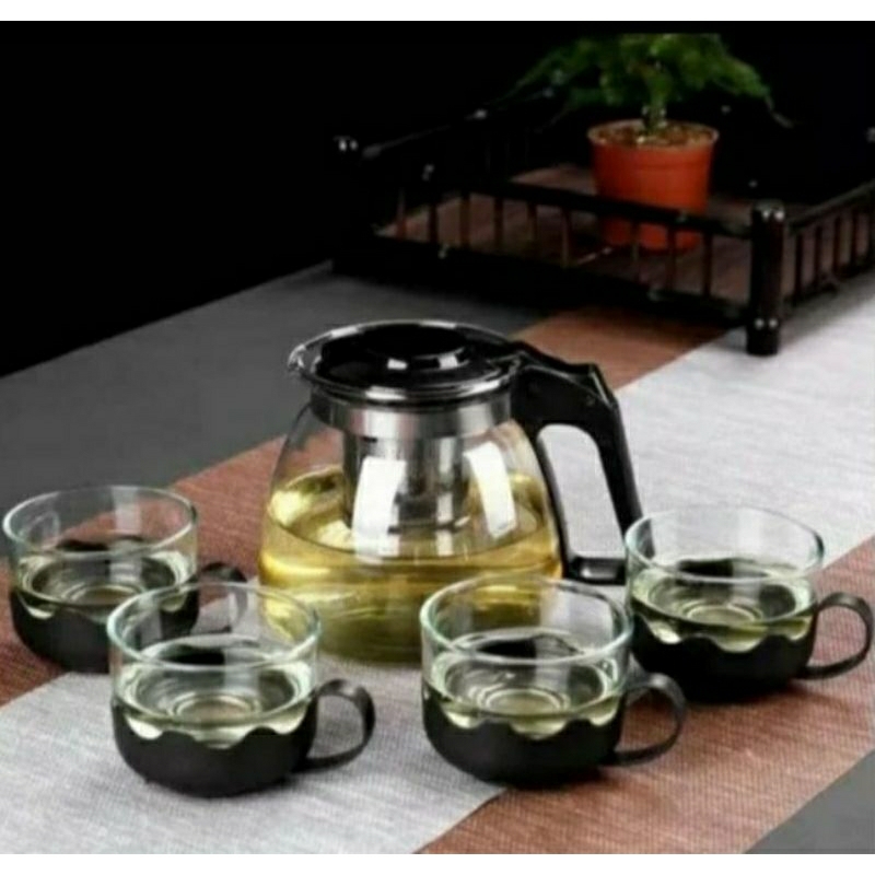 Jual TEMPAT MINUM TEH SET KACA 5 IN 1 / TEKO SET+CANGKIR GELAS / TEKO ...