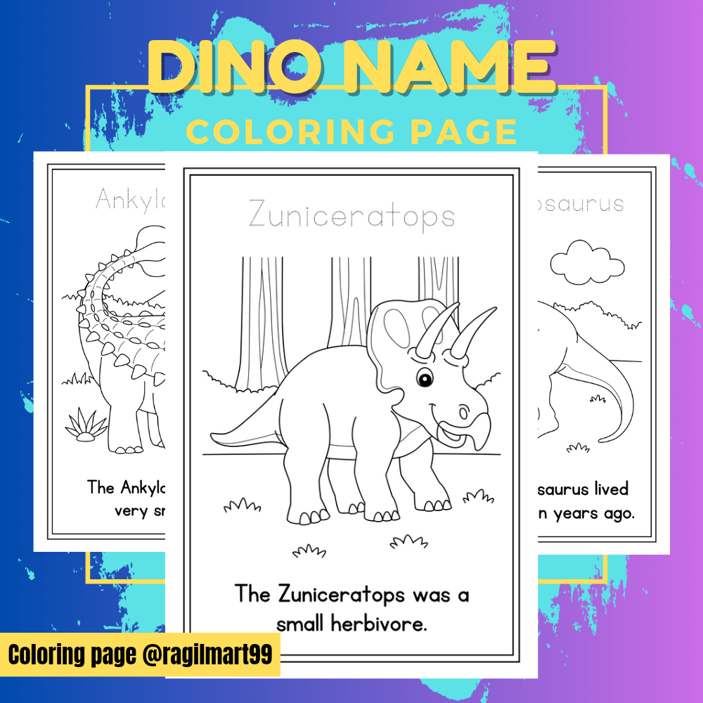 Jual DIY Coloring Page / Lembar Mewarnai Sketsa TEMA DINO LENGKAP NAMA ...