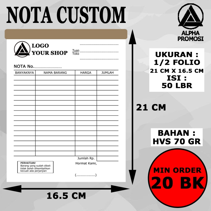 Jual Nota Custom 1/2 Folio 1 PLY Bahan HVS Murah Nota Olshop Dagang ...