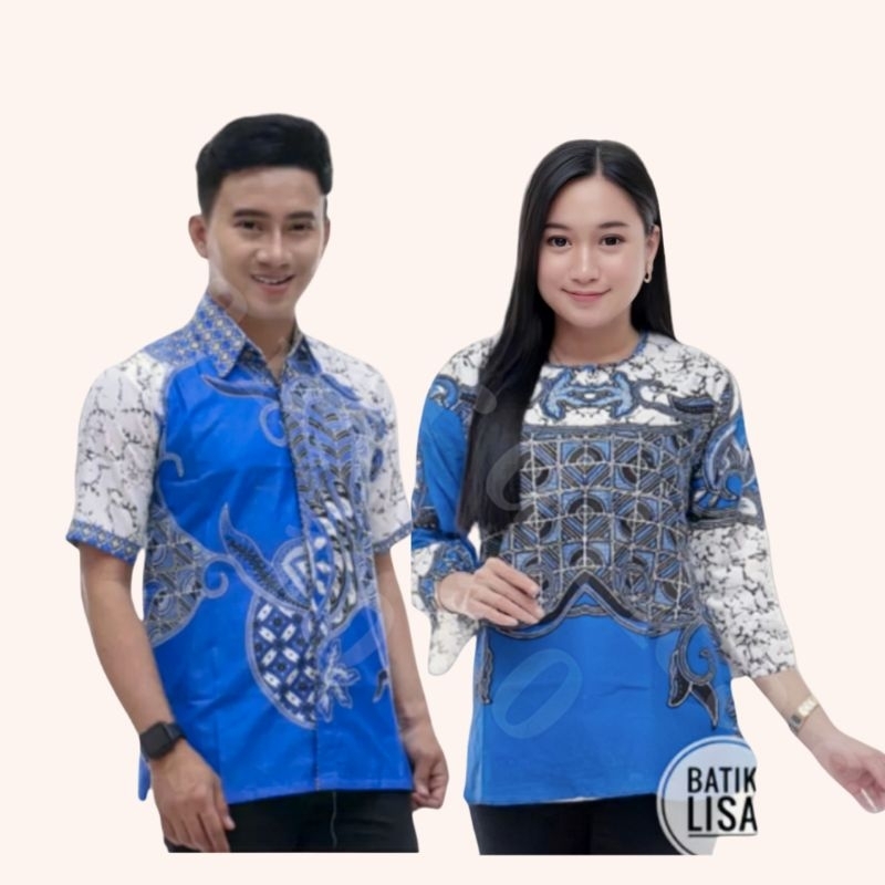 Jual SET COUPLE BATIK MOTIF BIRU PUTIH ELEGANT KEKINIAN | Shopee Indonesia
