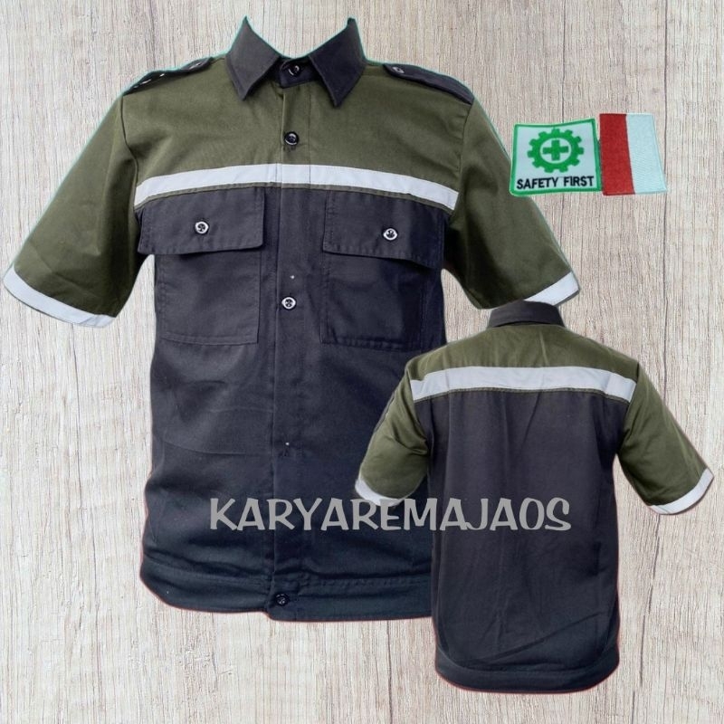 Jual Kemeja Pendek Kombinasi dasar Hitam Kancing Kemeja Bengkel premium ...