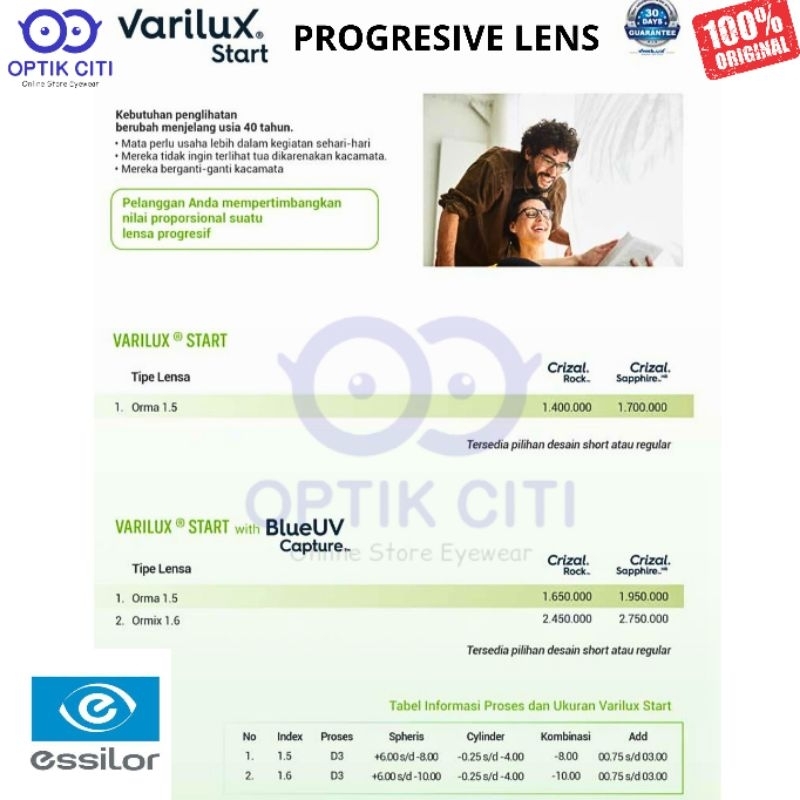 Jual Lensa Kacamata Progresif Crizal Essilor Varilux Start Original ...