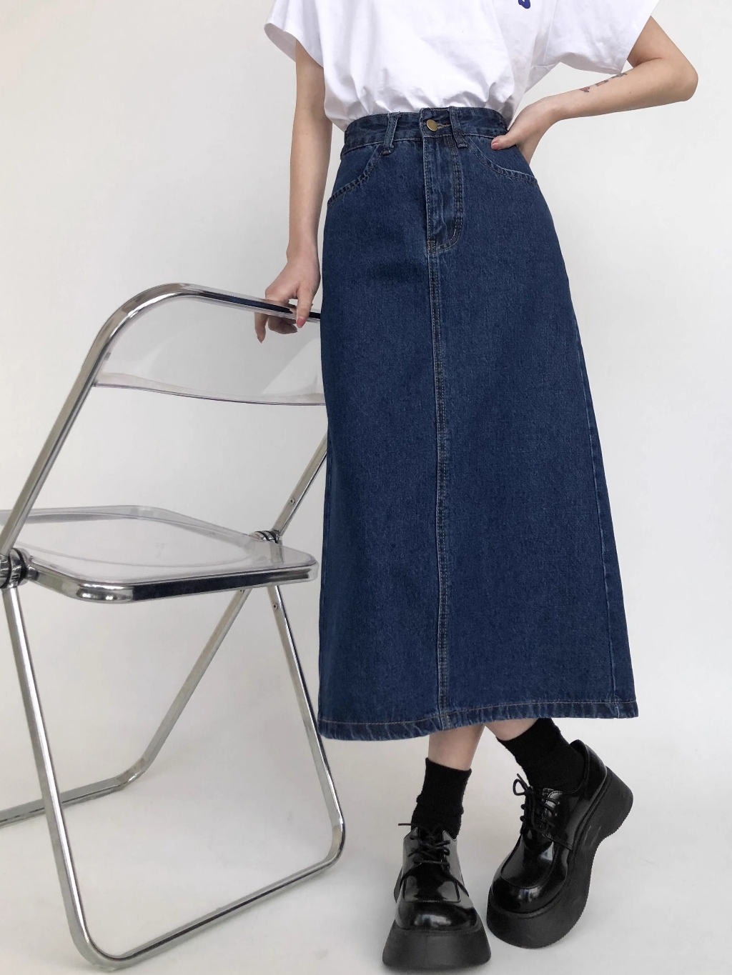 Jual Korea Style High waist Rok Denim A-Line Midi Rok Jeans Wanita ...