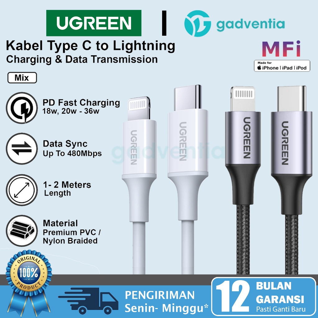 Jual Ugreen Kabel Charger MFI Untuk Iphone 11 12 13 14 Pro Max USB C To Lightning PD Fast ...