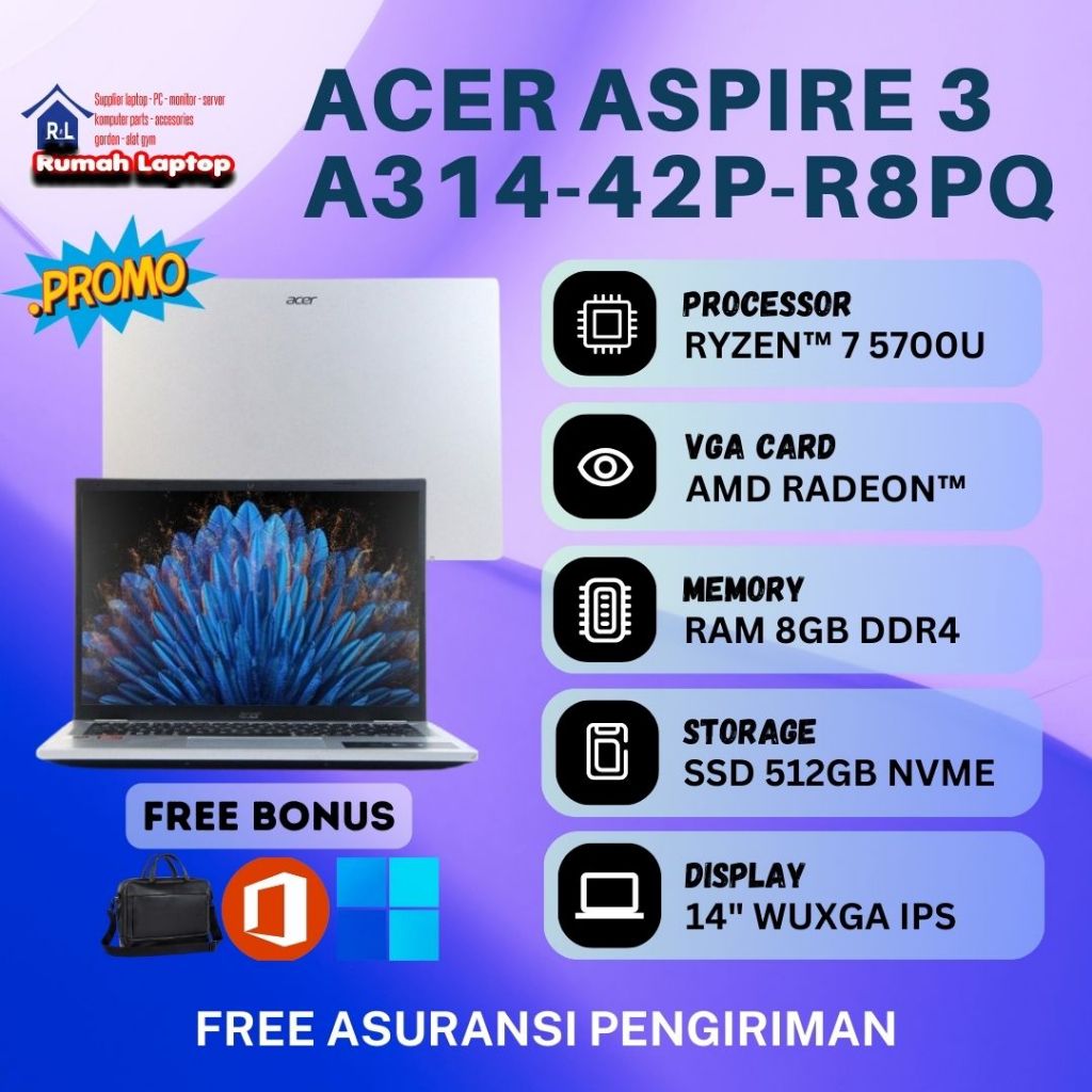 Jual Laptop Gaming Acer Aspire 3 A314-42P-R8PQ Ryzen 7 5700U Ram 8Gb Ssd 1Tb 14" WUXGA IPS ...