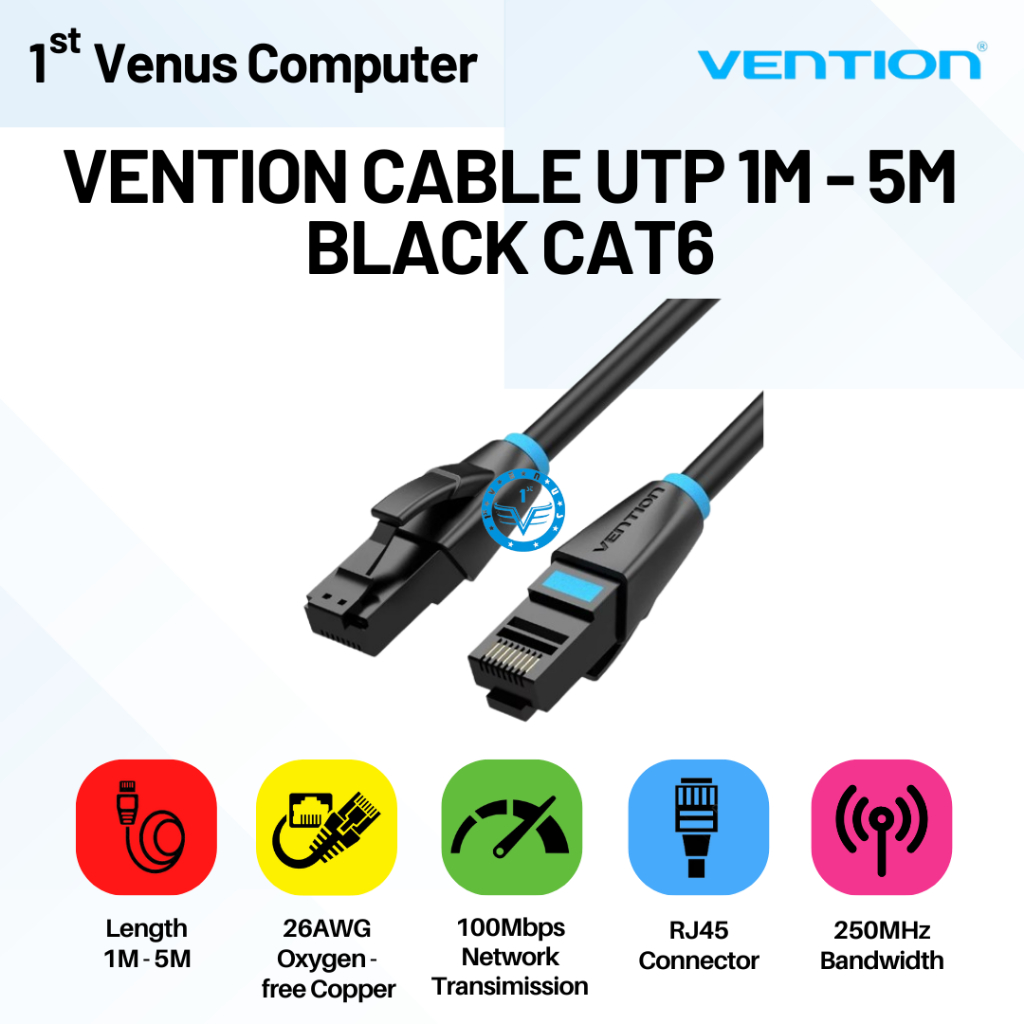 Jual VENTION CABLE UTP 1M - 5M BLACK CAT6 / Kabel Lan Cat6 Vention 1M ...