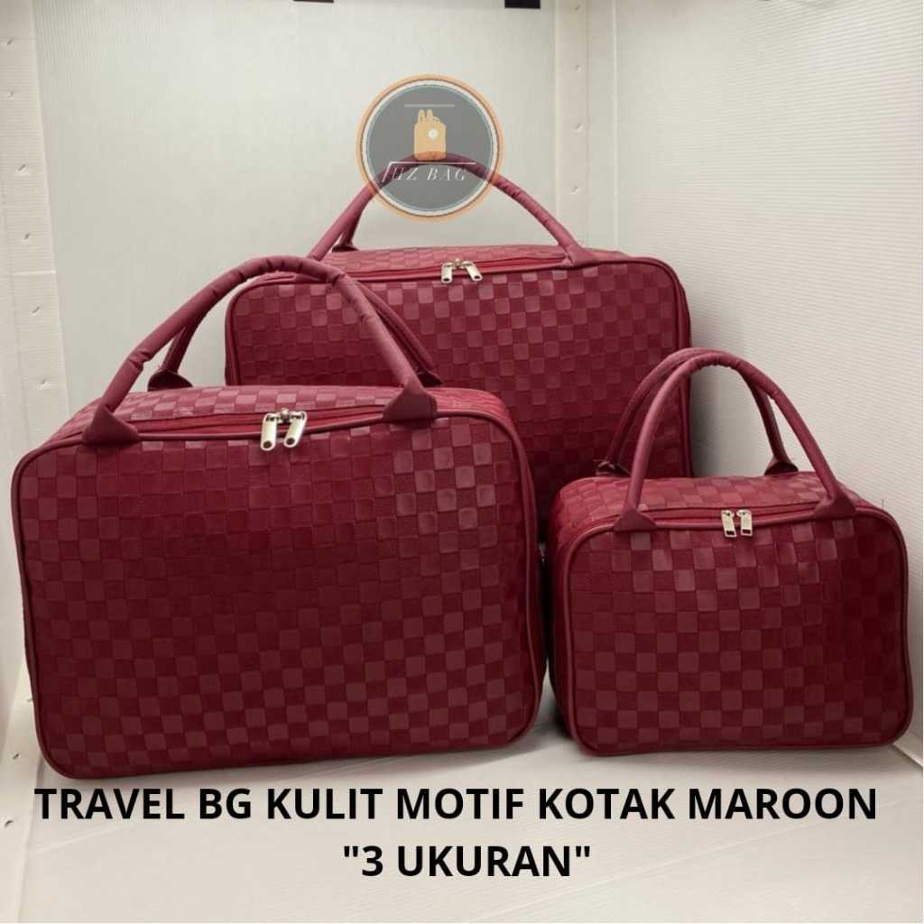 Jual Travel Bag Kulit Waterproof Motif Kotak Warna Maroon / Tas Travel ...